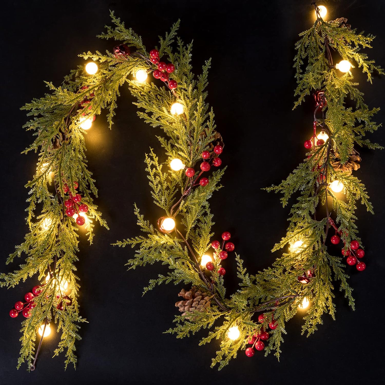 Aship 2 Pack Christmas Garland with Lights, 5.7FT Pre-lit 20 LED Red B